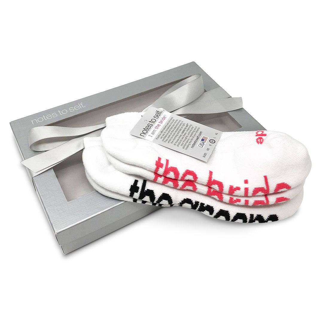 I am the bride + I am the groom socks in silver gift box | notes to ...